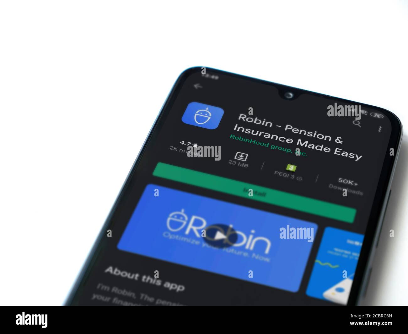 Lod, Israel - July 8, 2020: Robin app play store page on the display of ...