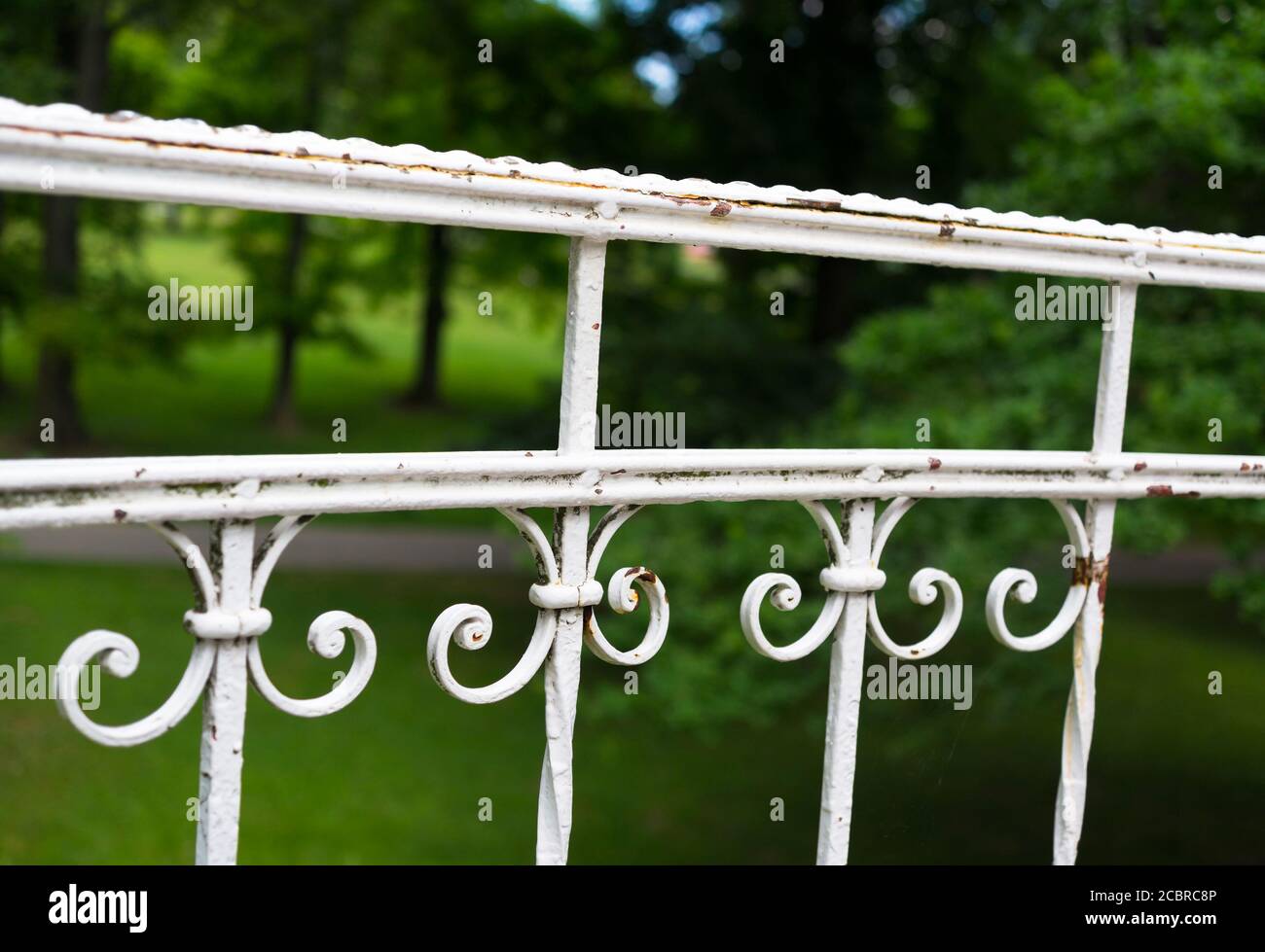 Old aged railing with retro and vintage spiral decoration. Green grass ...