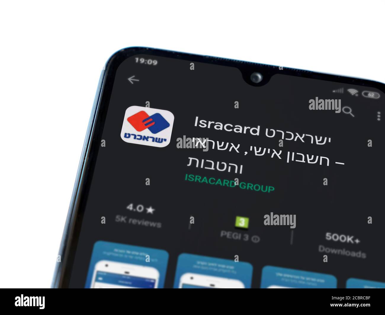 Lod, Israel - July 8, 2020: Isracard app play store page on the display of a black mobile ...