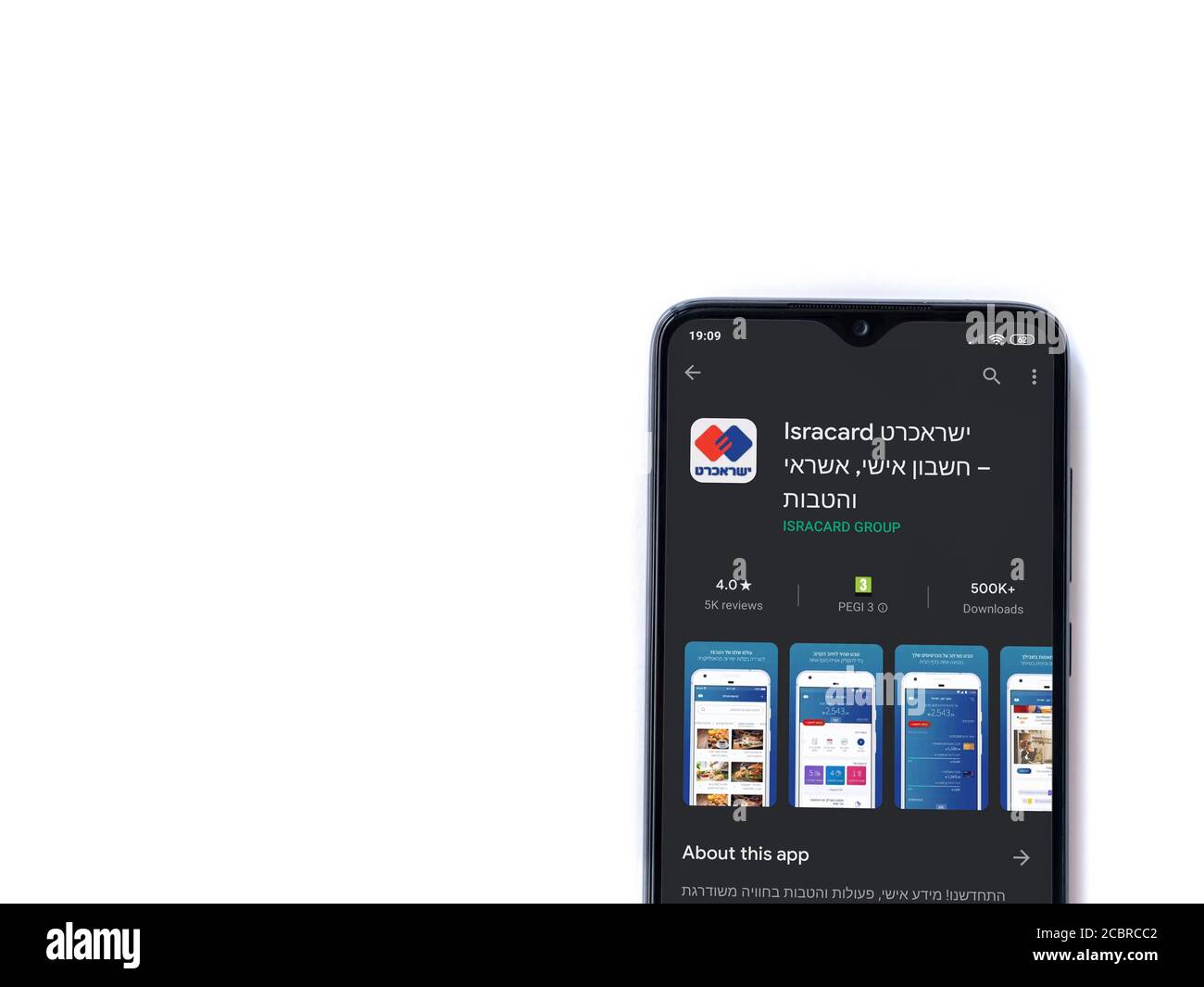 Lod, Israel - July 8, 2020: Isracard app play store page on the display of a black mobile ...