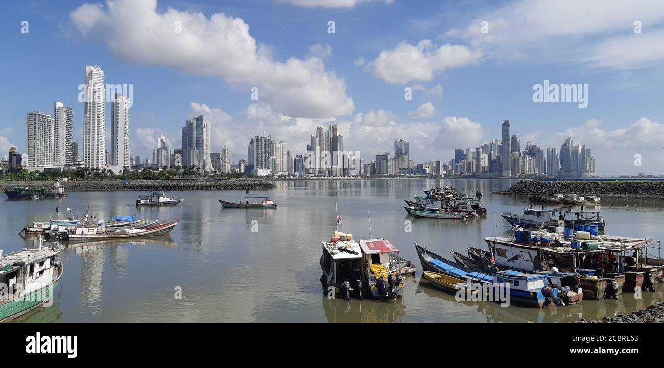 Skyline of Panama city downtown with high rise buildings and harbour ...