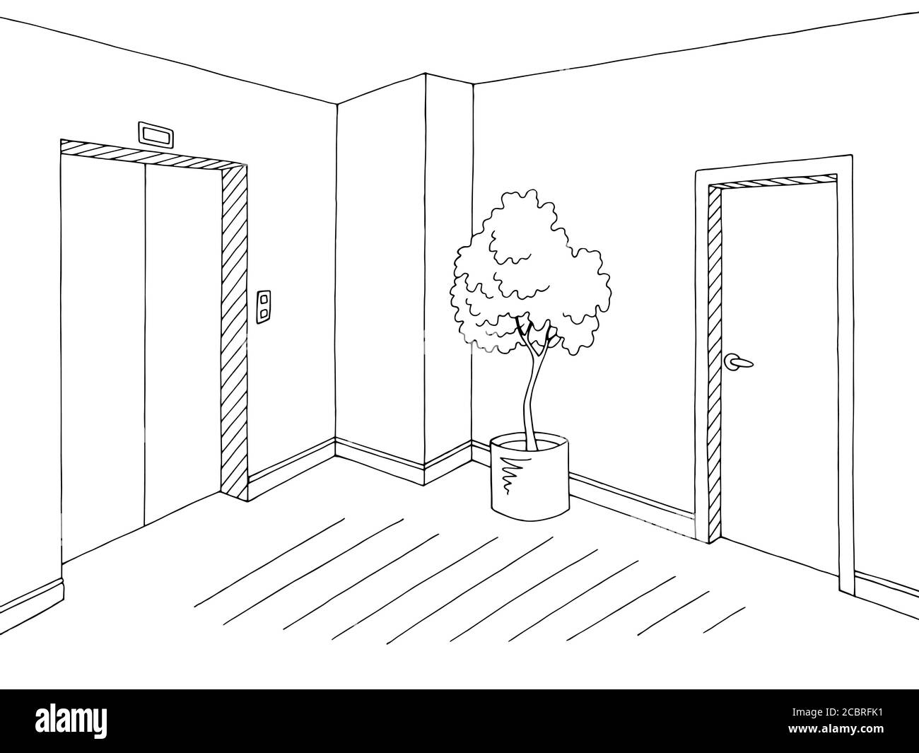 Corridor graphic black white interior sketch illustration vector Stock ...