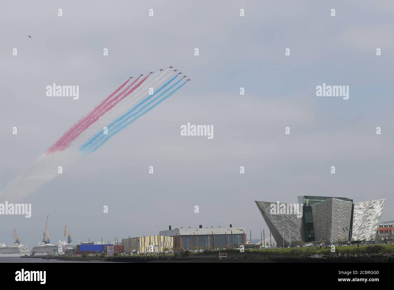The Red Arrows fly over the Titanic slipway and the Titanic Museum in ...