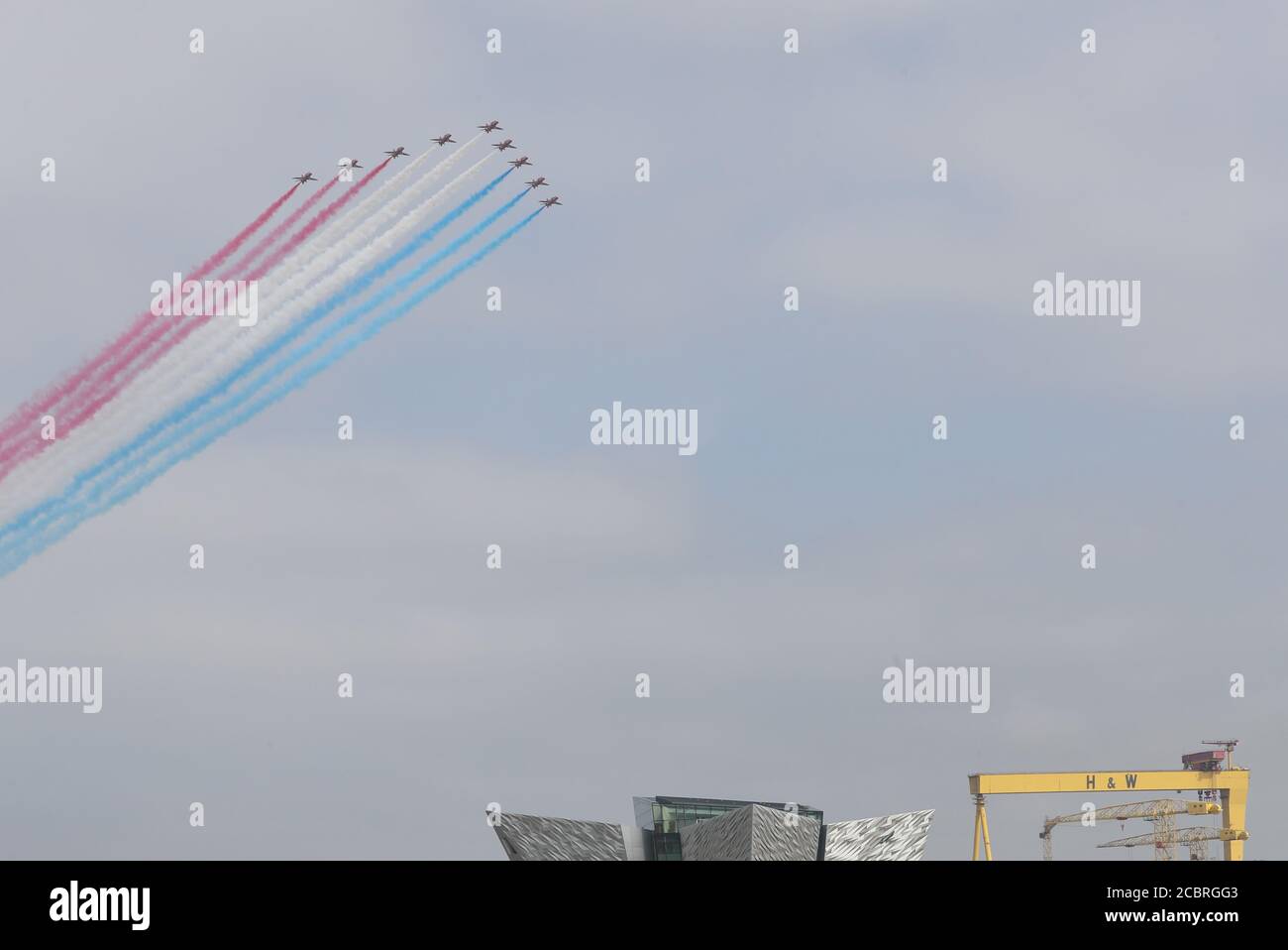 The Red Arrows fly over the Titanic slipway, the Titanic Museum and the ...