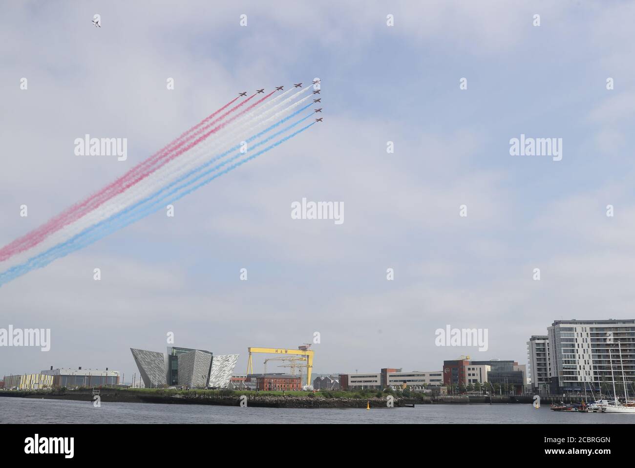 The Red Arrows fly over the Titanic slipway, the Titanic Museum and the ...