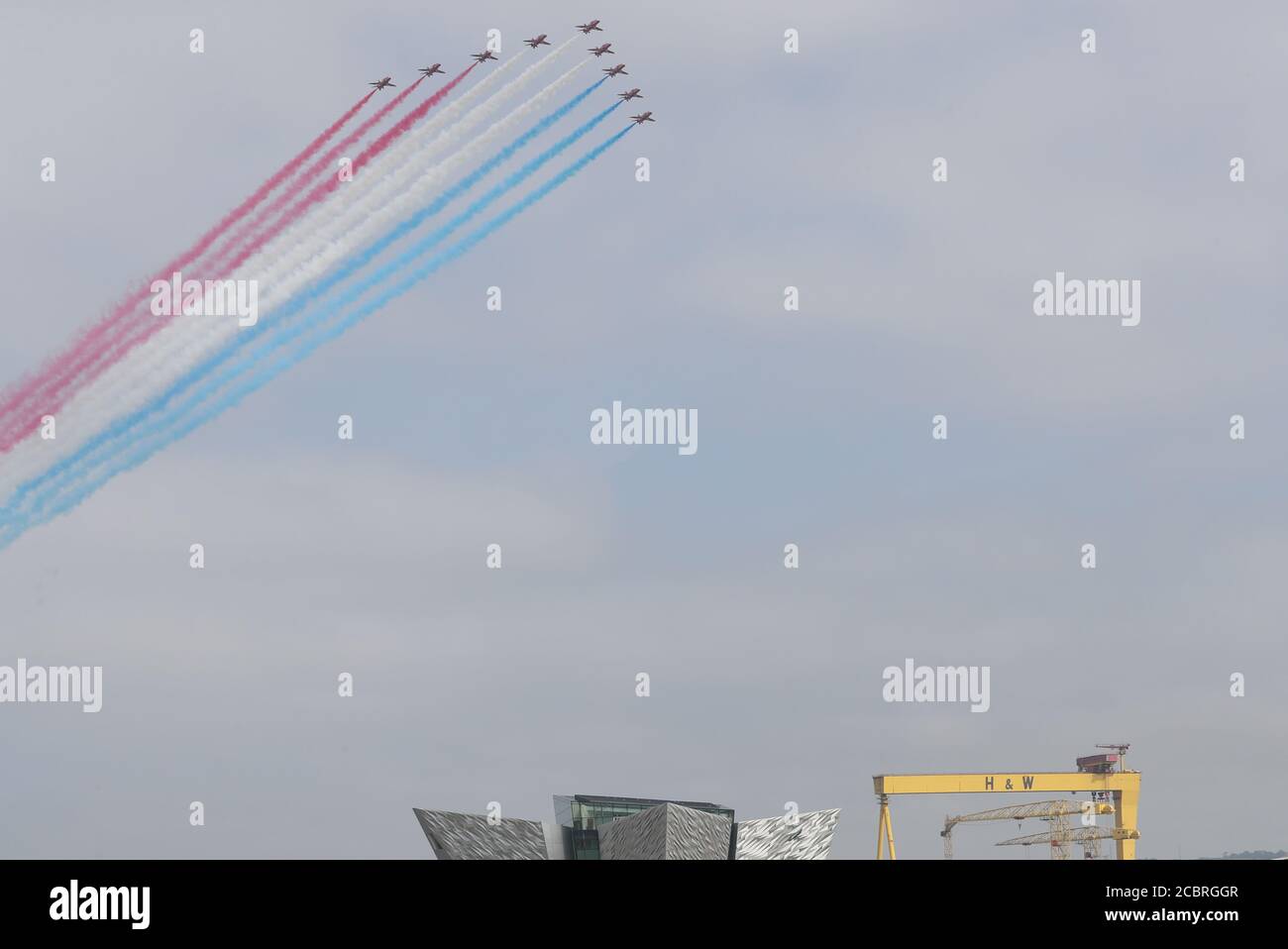 The Red Arrows fly over the Titanic slipway, the Titanic Museum and the ...
