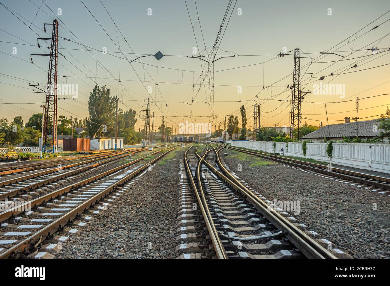 Railroad switch lines diverging in different directions at the station ...