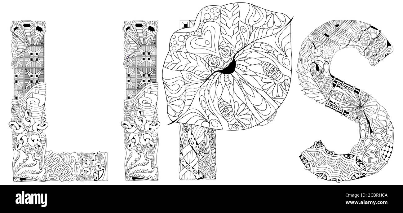 Word Lips With Lips Silhouette Vector Decorative Zentangle Object For