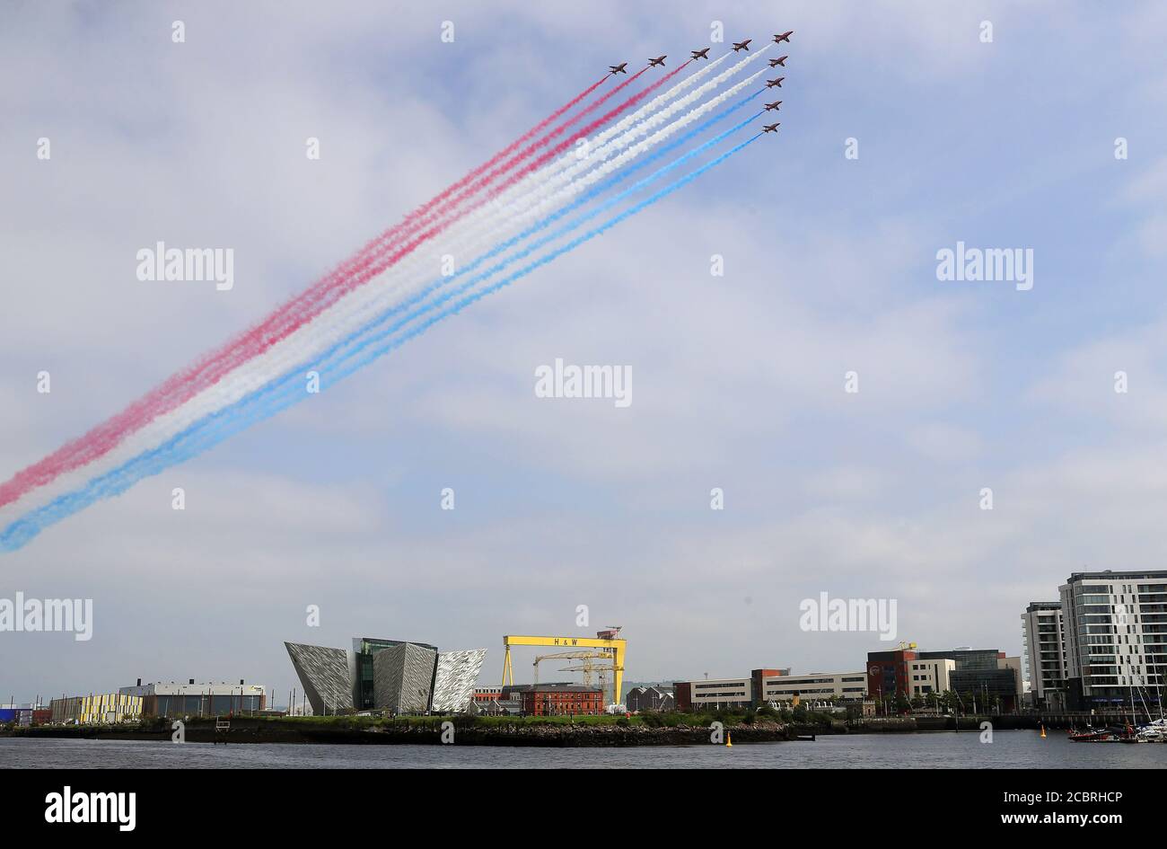 The Red Arrows fly over the Titanic slipway, the Titanic Museum and the ...