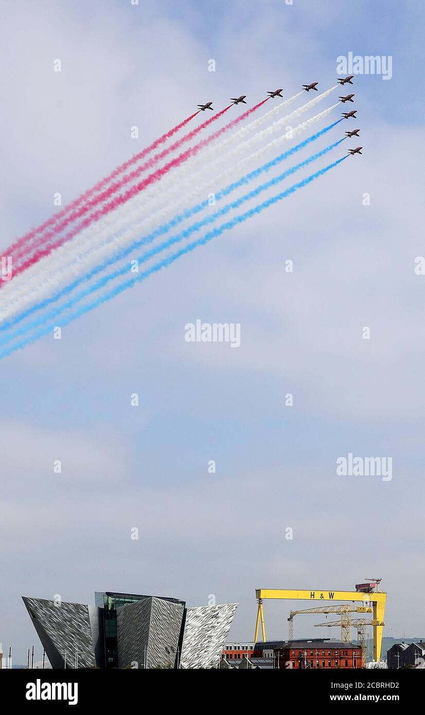 The Red Arrows fly over the Titanic slipway, the Titanic Museum and the ...