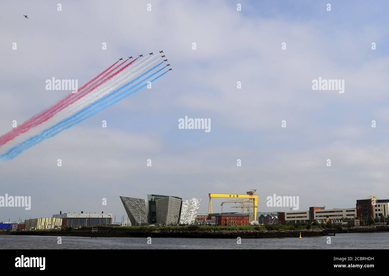 The Red Arrows fly over the Titanic slipway, the Titanic Museum and the ...