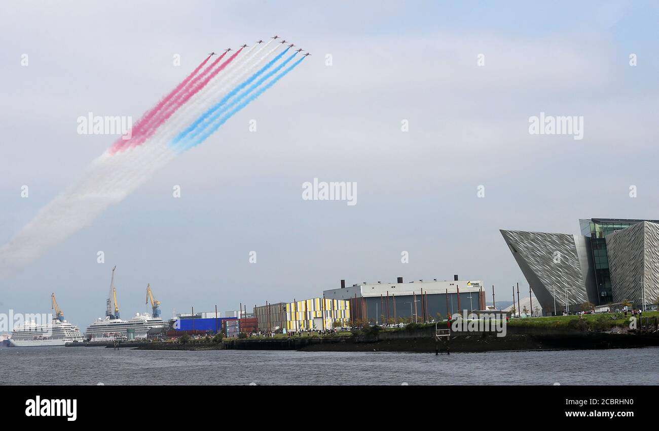 The Red Arrows fly over the Titanic slipway, the Titanic Museum and the ...