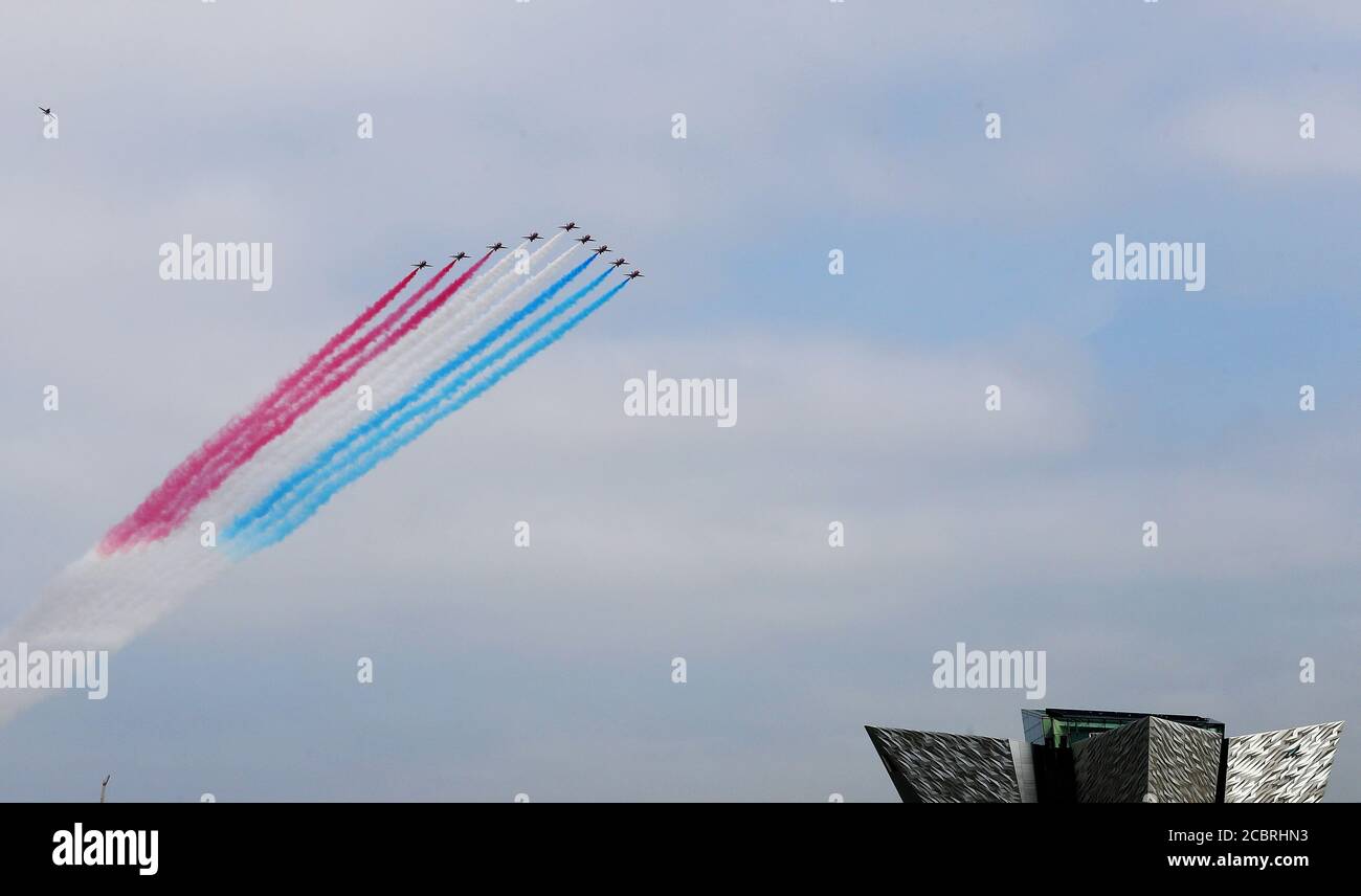 The Red Arrows fly over the Titanic slipway, the Titanic Museum and the ...