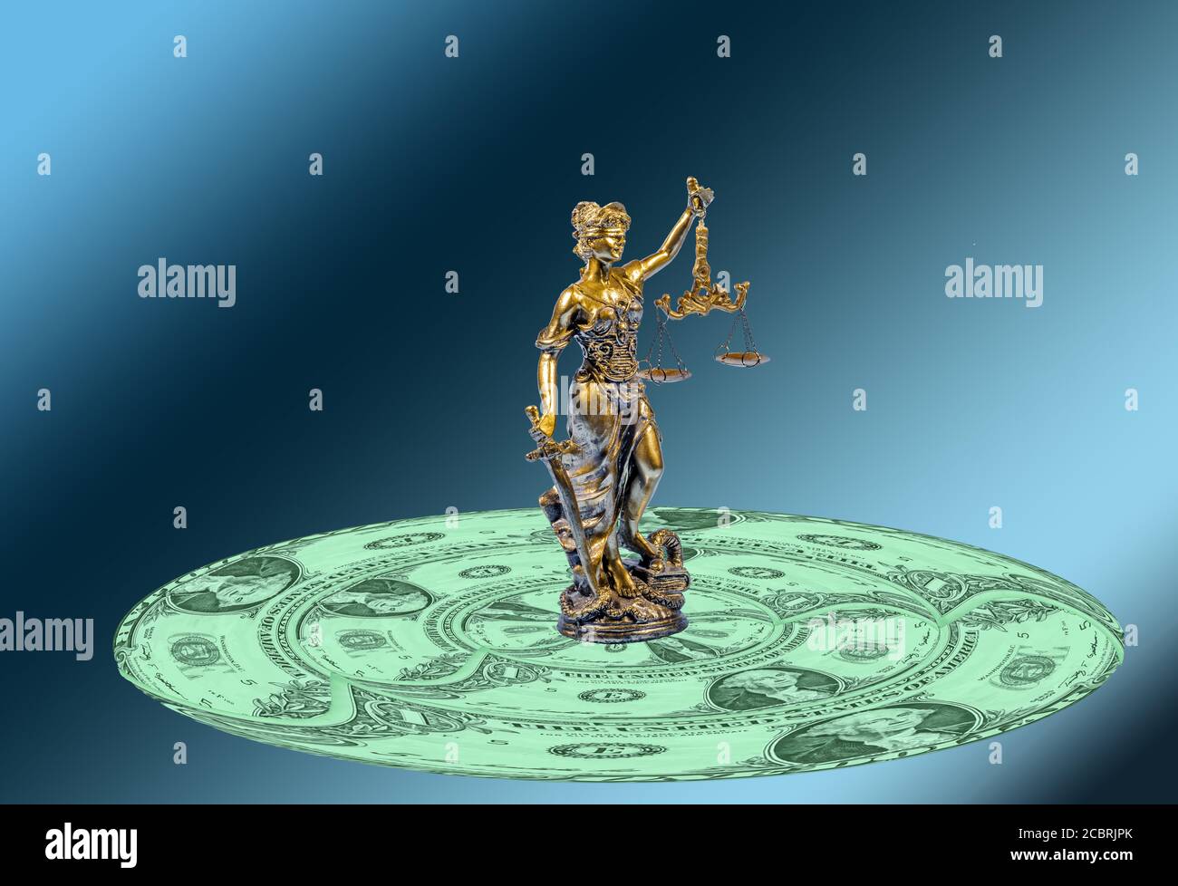 Statue of justice on a round mosaic of one US dollar. Blue background ...