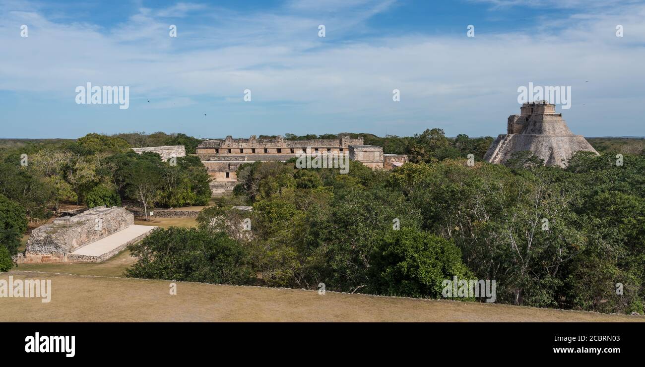 A view of the ceremonial ball court with the Nunnery behind in the pre ...