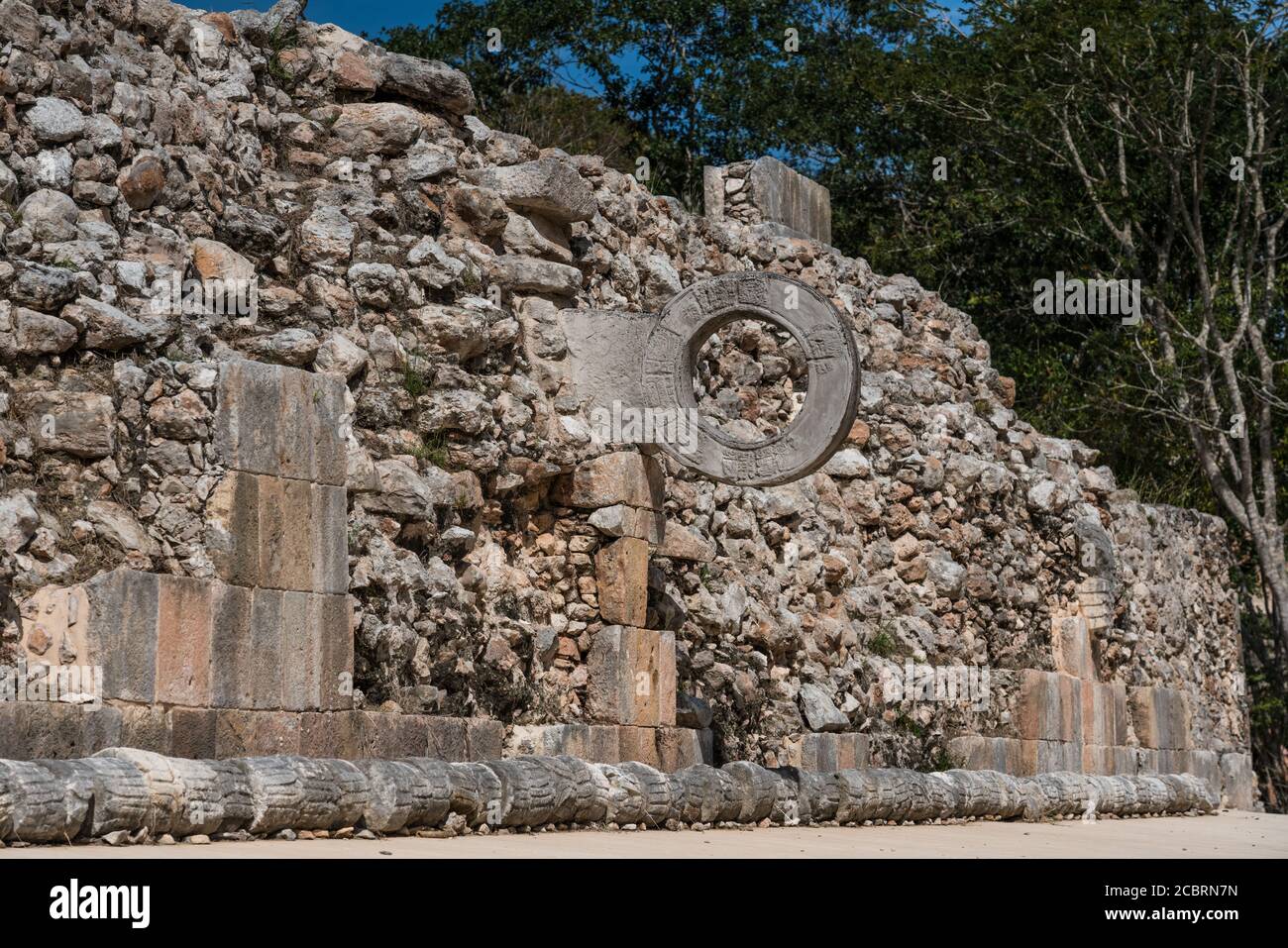 The stone ring on the ritual ball court in the ruins of the Mayan city ...