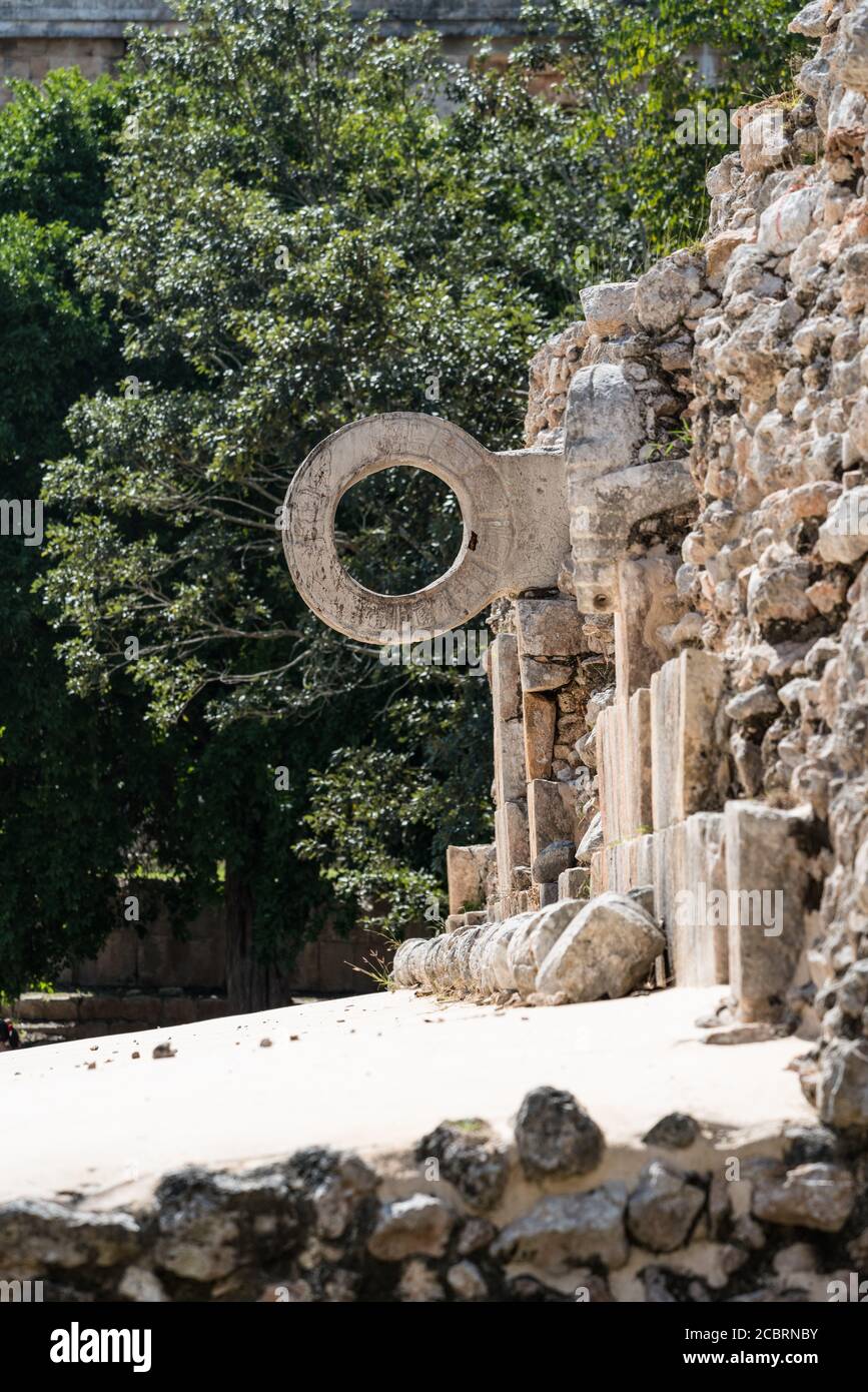 The carved stone ring on the ritual ball court in the ruins of the ...