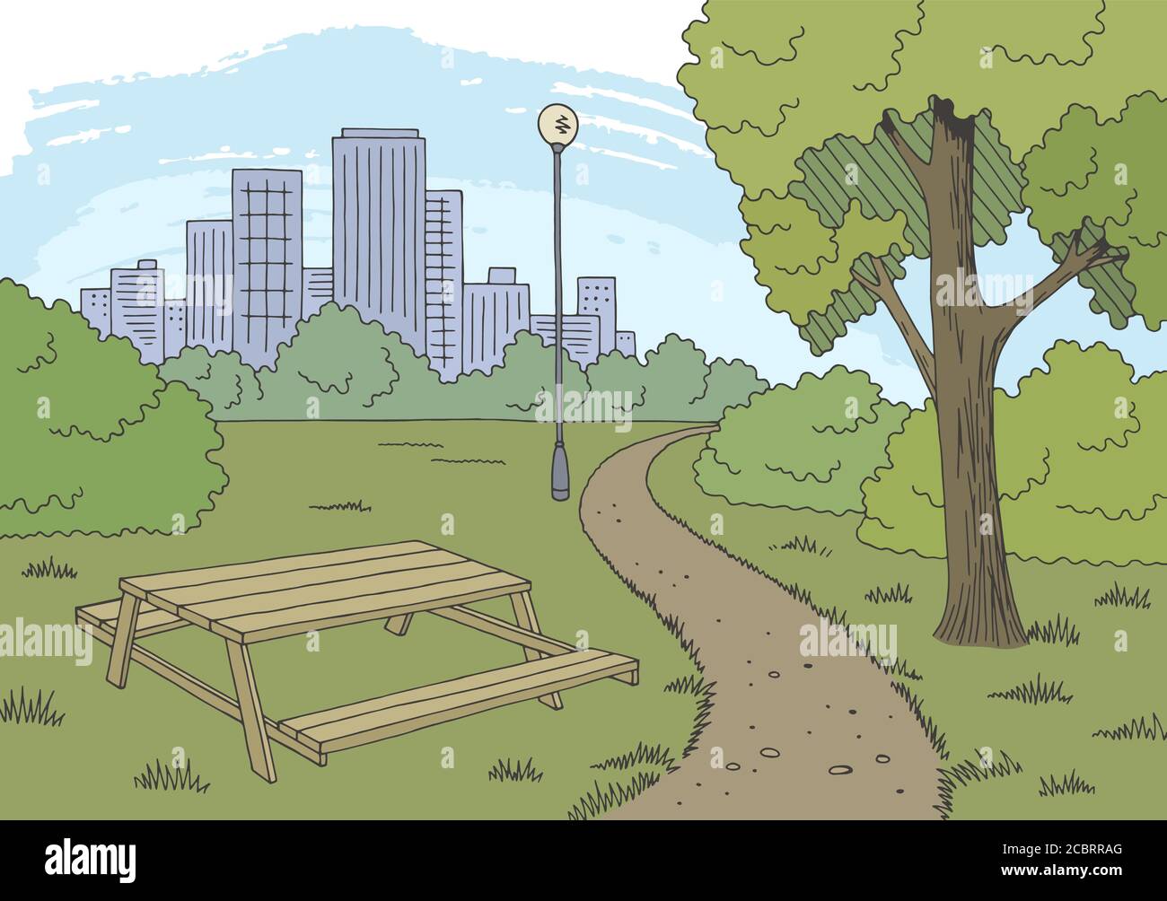 Park road graphic color table landscape sketch illustration vector ...