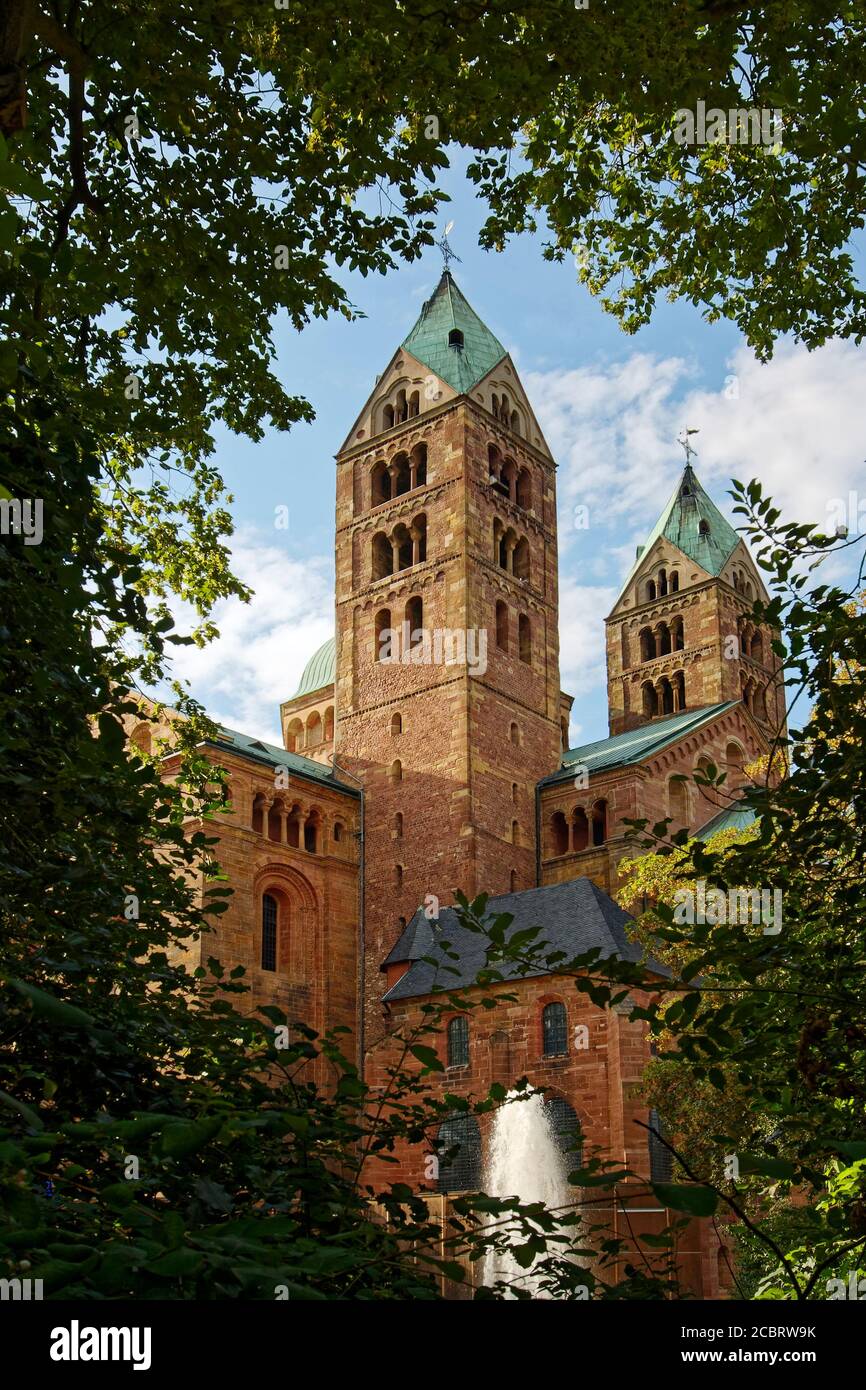Dom spires, Romanesque, Catholic church, 11th century, fountain, tree ...