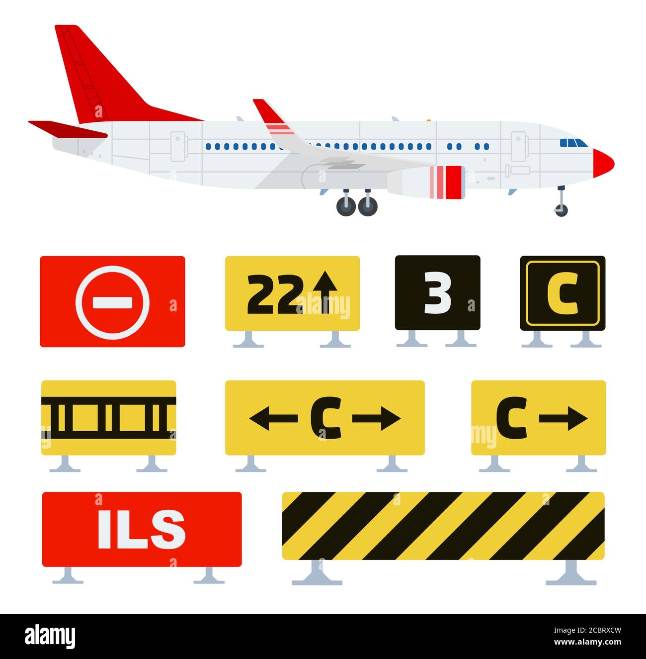 Airport traffic signs red, yellow, black colors indicating warning ...