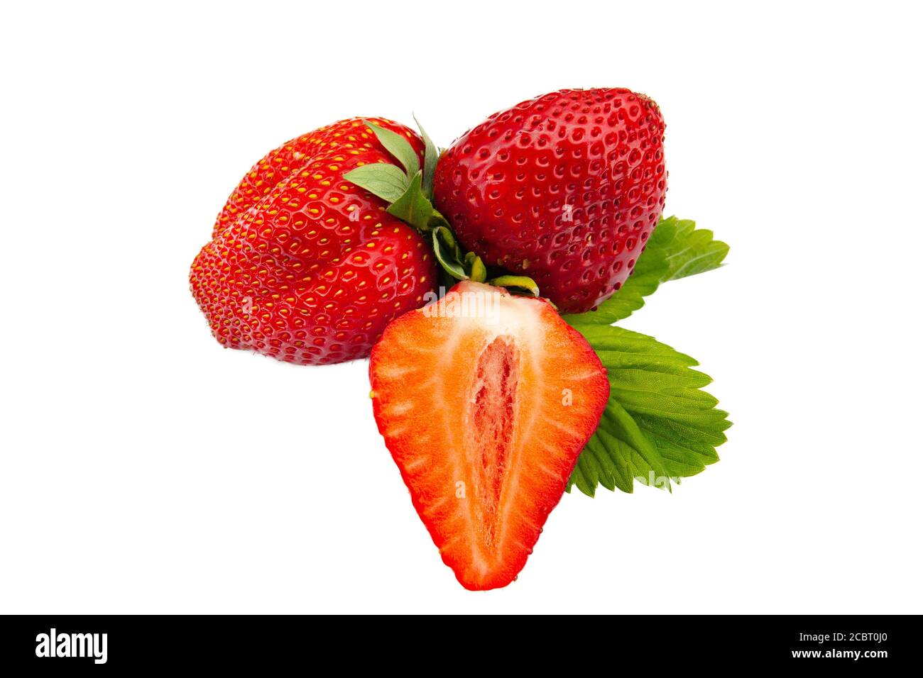 ripe strawberry with cut half isolated on white background close up ...