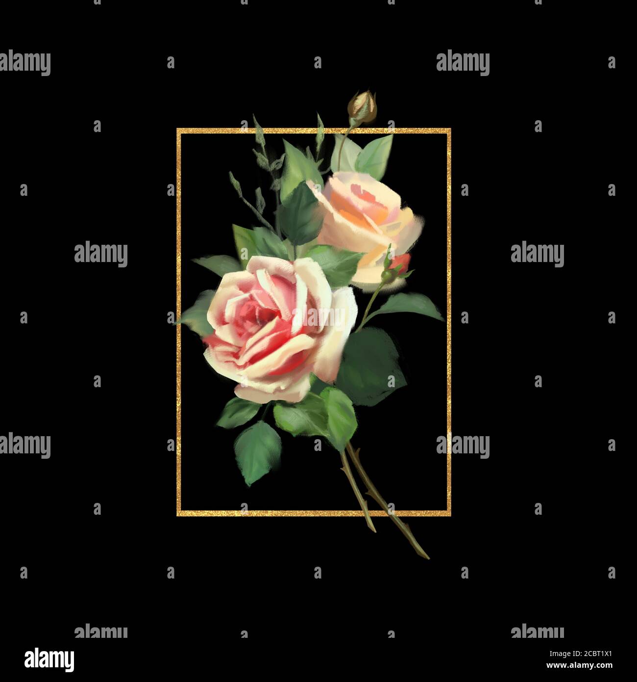 Gold frame with flowers. Bouquet of rose flowers Stock Photo - Alamy