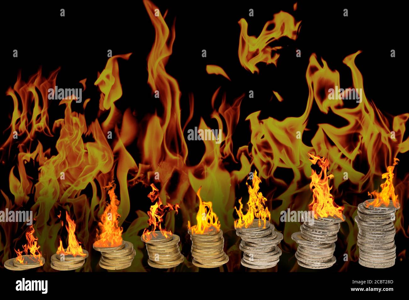 Coins of money with flames and background Stock Photo - Alamy