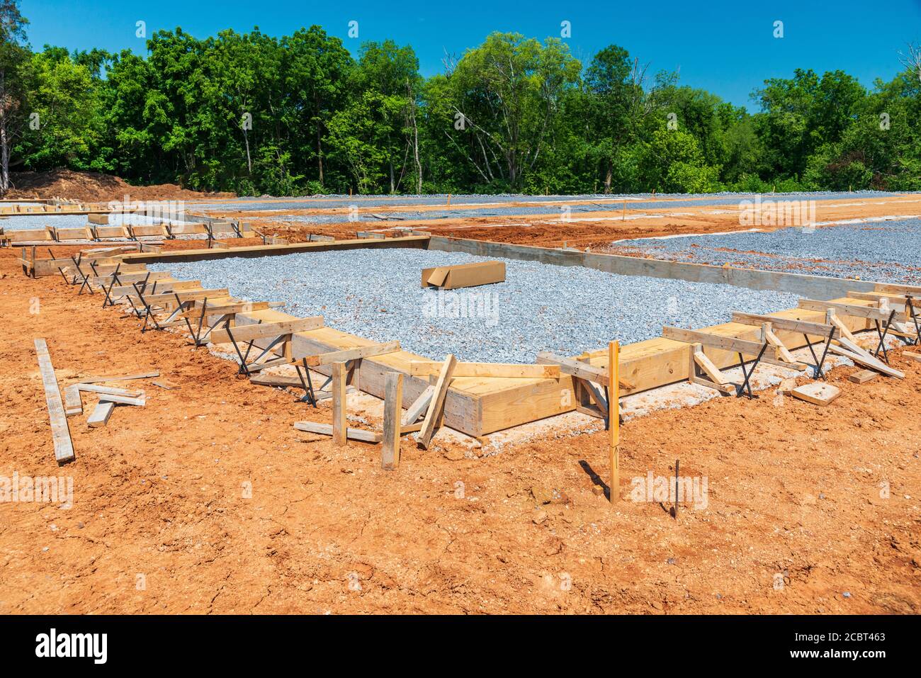 Horizontal side shot of construction foundation ground work for a new ...