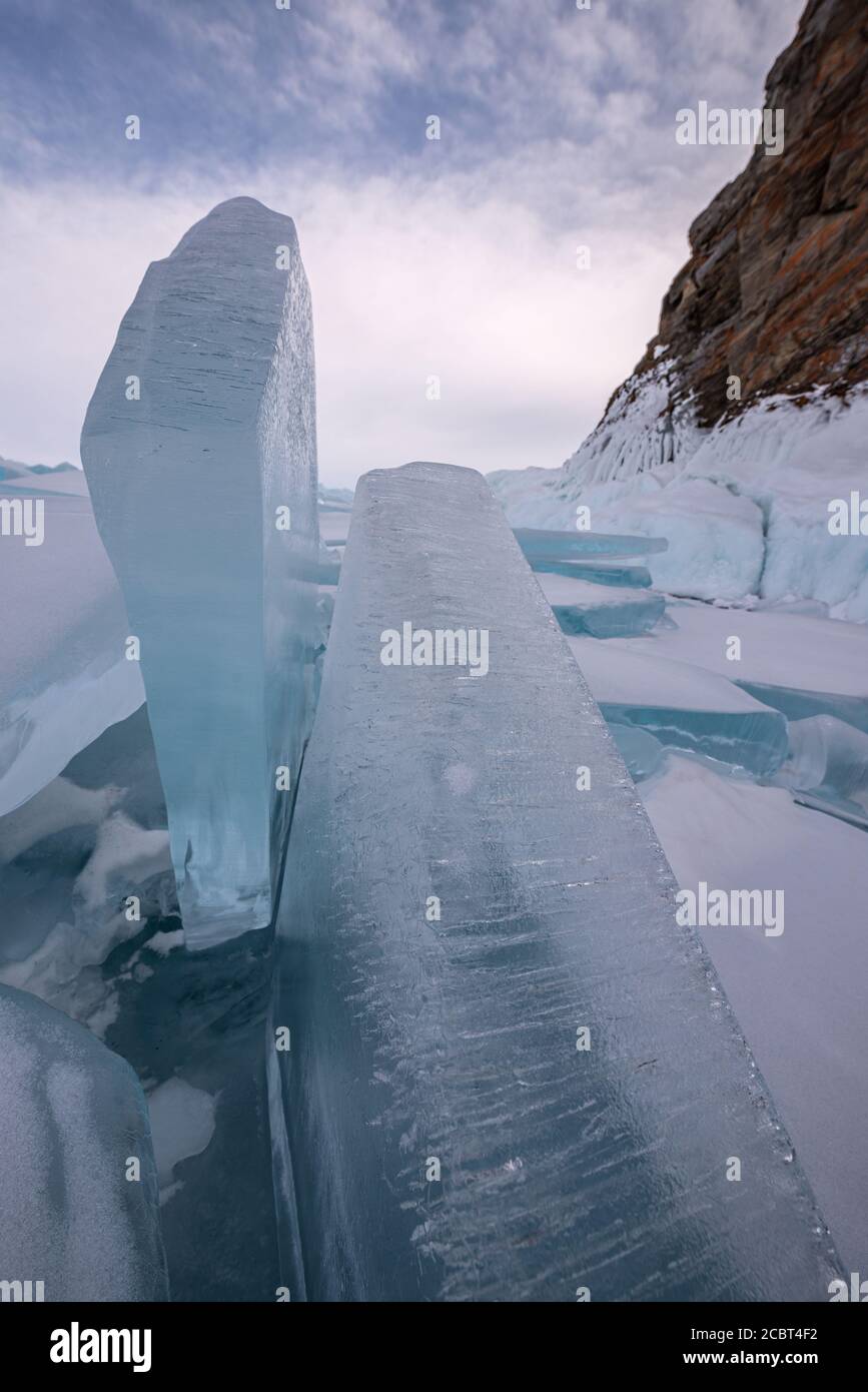 Vertical ice blocks on frozen surface of Lake Baikal, Russia Stock ...