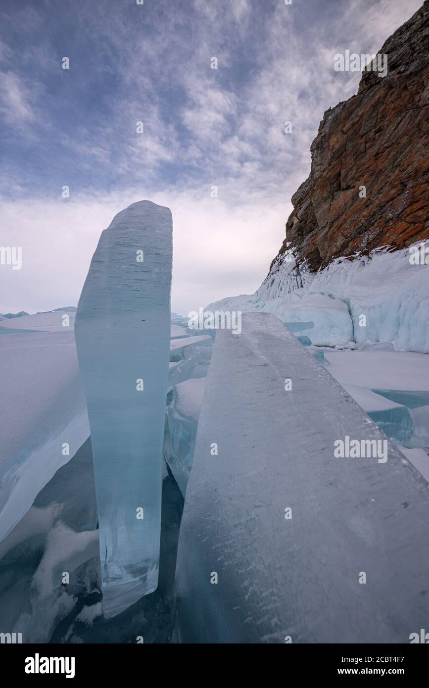 Vertical ice blocks on frozen surface of Lake Baikal, Russia Stock ...