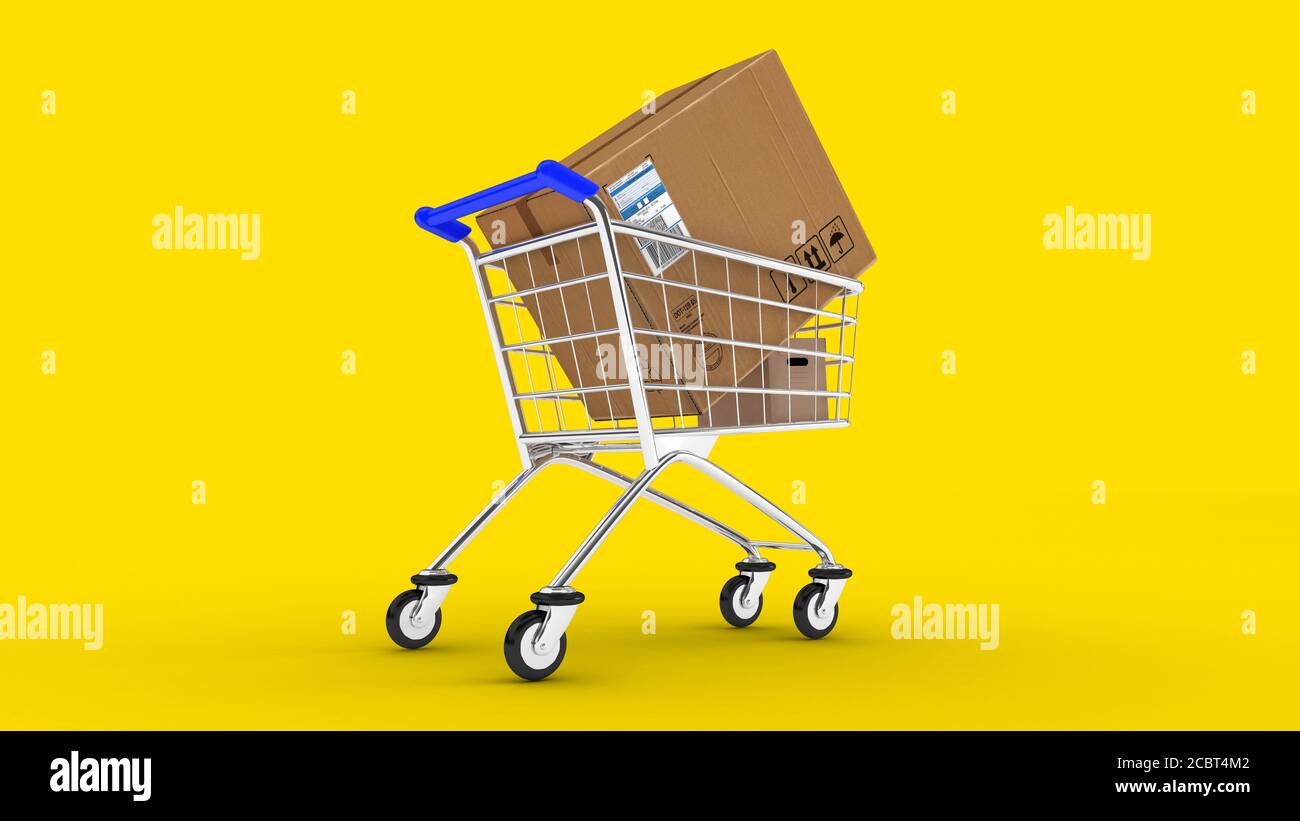 Box in market cart. Gifts in cart. Yellow background. 3D. 3D rendering ...
