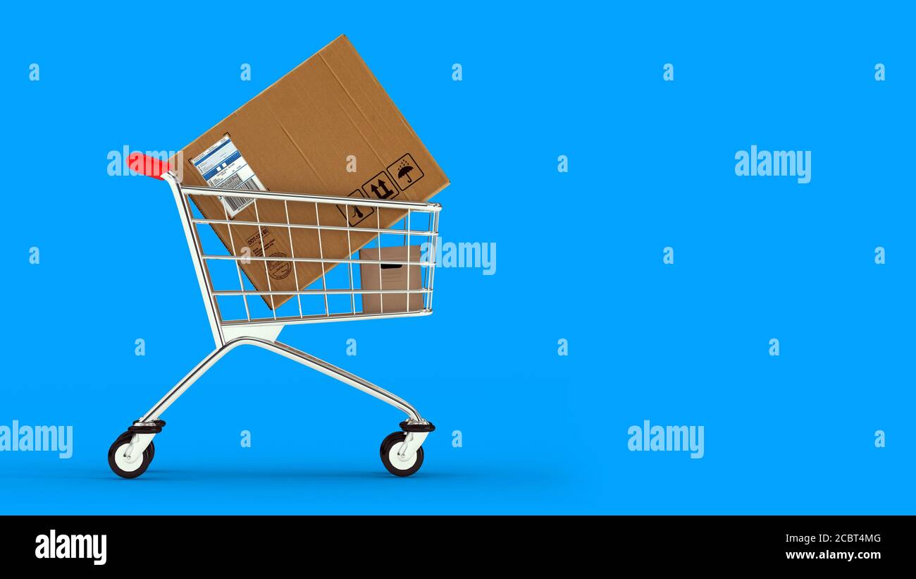 Box in market cart. Gifts in cart. Blue background. 3D. 3D rendering ...