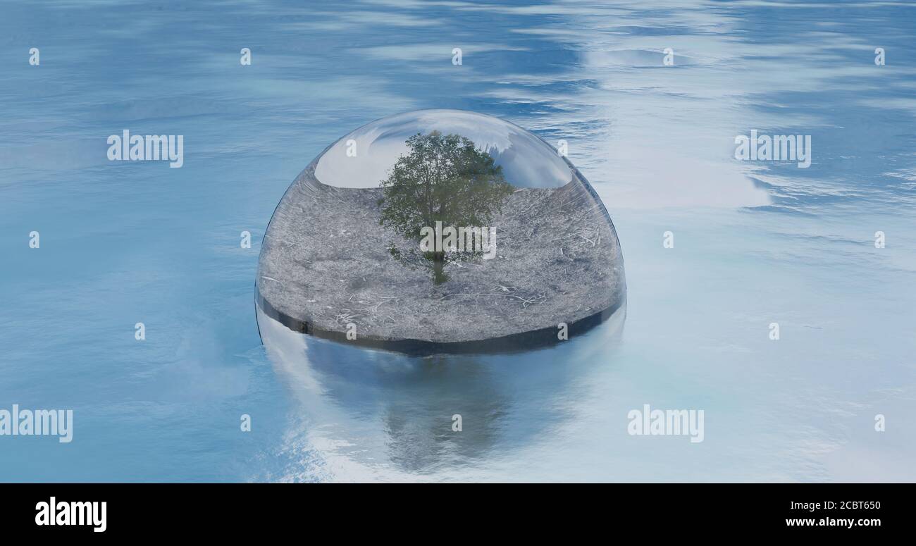 3d Illustration Tree, Climate Protected in Glass sphere on texture blue ...