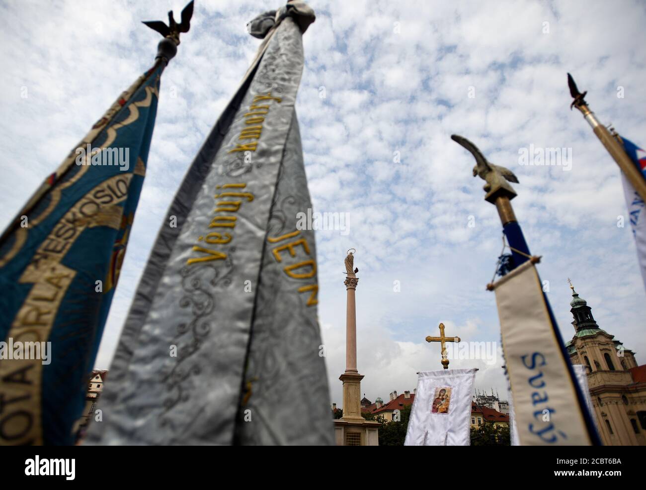Participants in the blessing of a revived Virgin Mary column, a replica ...