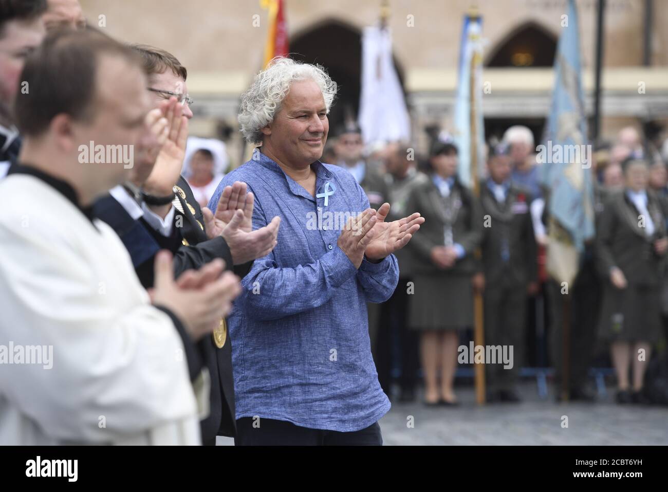 Czech sculptor Petr Vana, right, author of the Marian column replica ...
