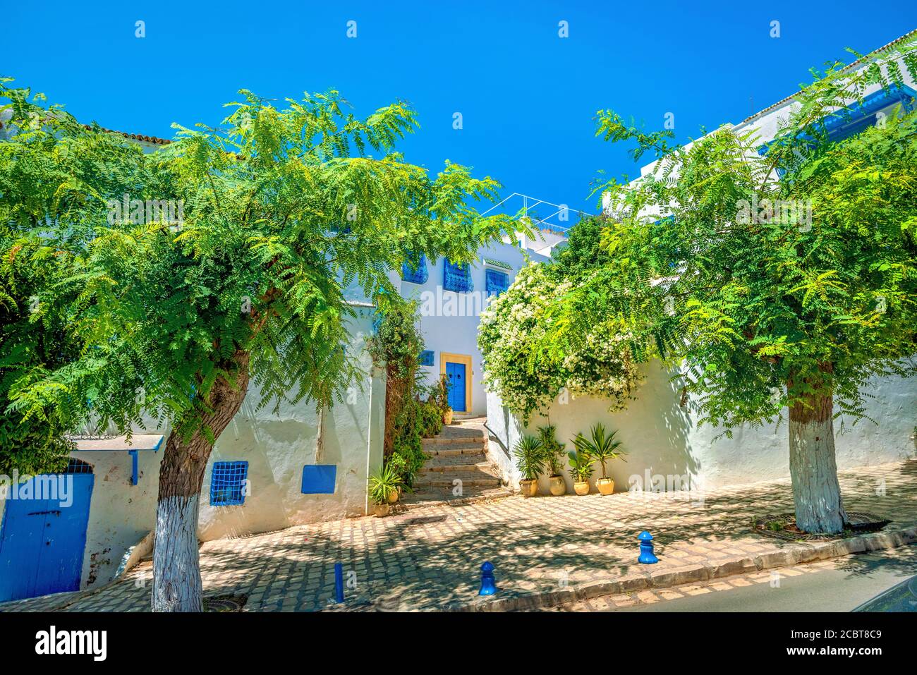 Street photo with picturesque houses in white blue resort town Sidi Bou ...
