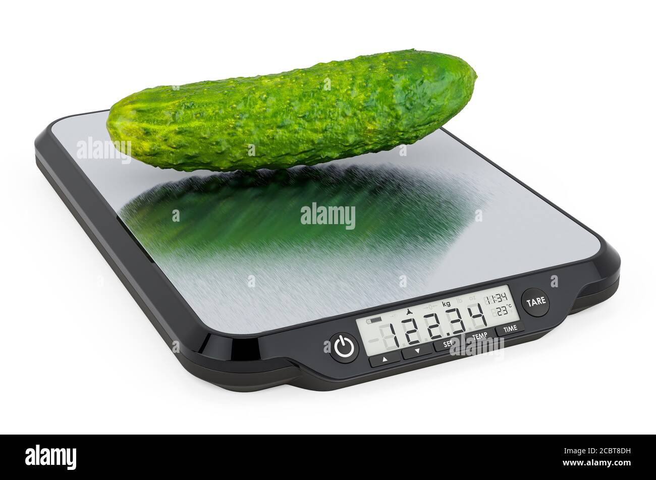 Kitchen Scales with Cucumbers. 3D rendering isolated on white ...