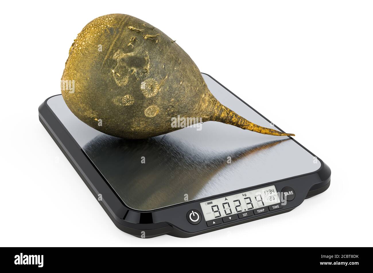 Kitchen Scales with Black big radish. 3D rendering isolated on white ...