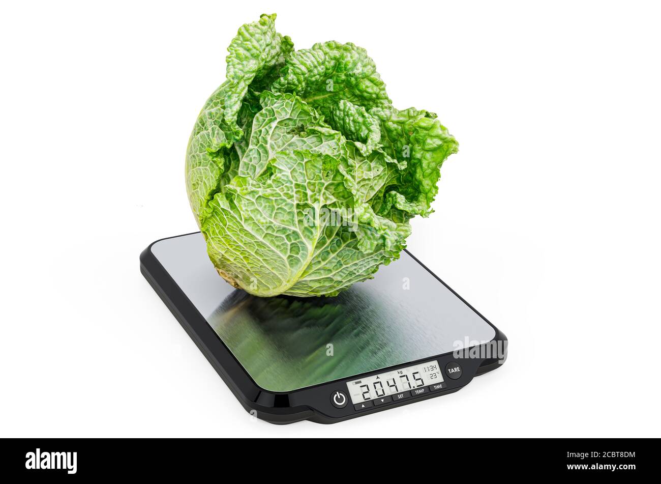 Kitchen Scales with Savoy cabbage. 3D rendering isolated on white ...