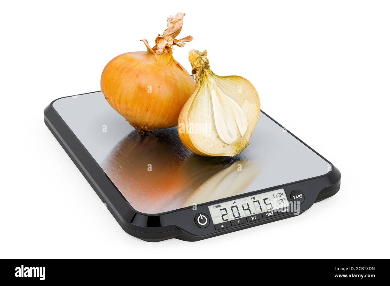Kitchen Scales with Onions. 3D rendering isolated on white background ...