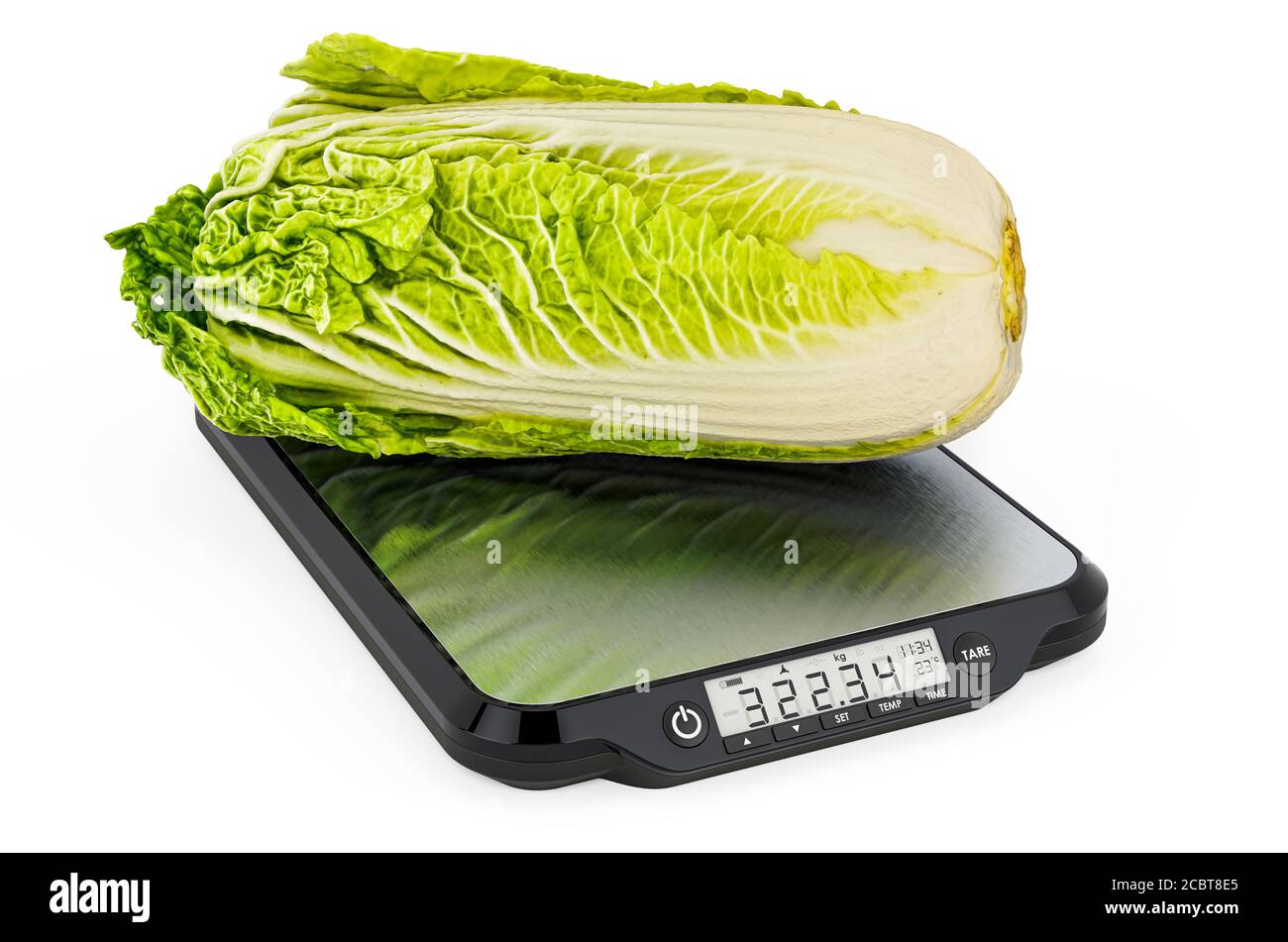 Kitchen Scales with Napa cabbage. 3D rendering isolated on white ...