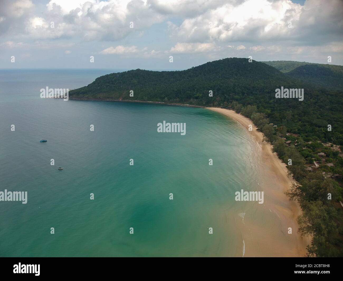 Aerial shot of Lazy Beach, Kho Rong Samloem, Cambodia. Green water ...