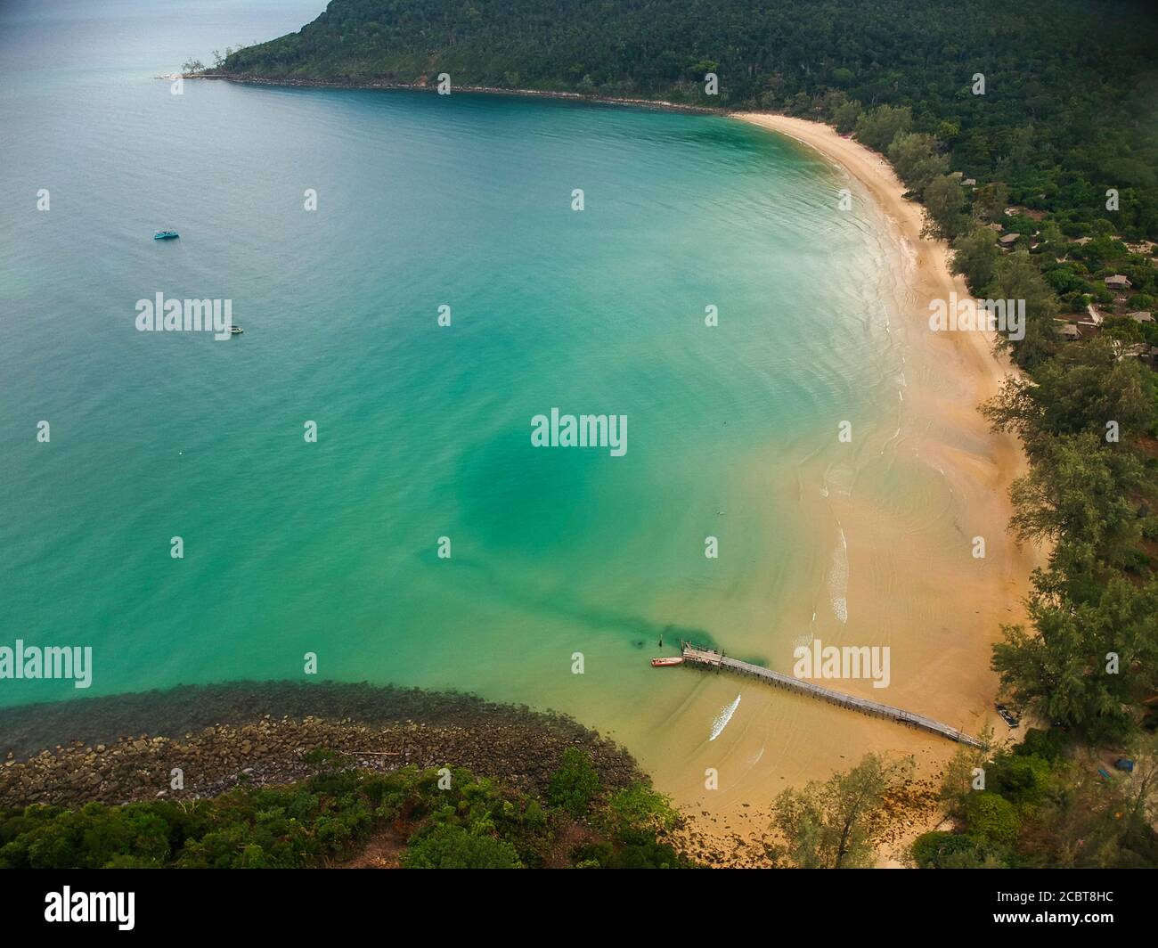 Aerial shot of Lazy Beach, Kho Rong Samloem, Cambodia. Green water ...