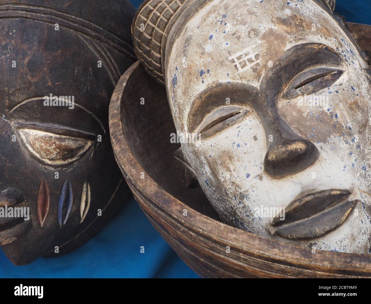 Old handmade wooden mask black and white, Marrakech, Morocco Stock ...