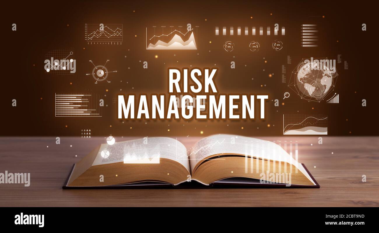 RISK MANAGEMENT inscription coming out from an open book, creative ...