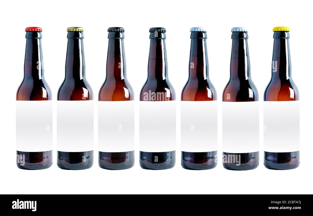 Seven Beer Bottles Mock-Up with different caps. Blank Label on white ...
