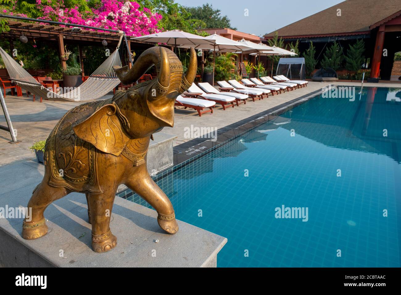 Myanmar aka Burma, historic Bagan. Bagan Lodge. Pool area Stock Photo ...