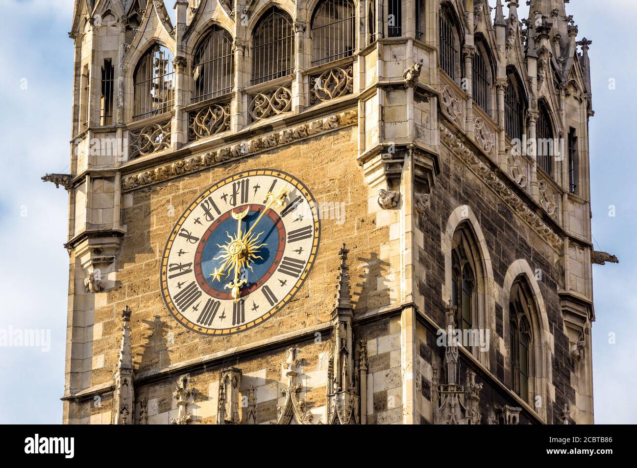 Clock Tower of New Town Hall or Rathaus on Marienplatz square closeup ...