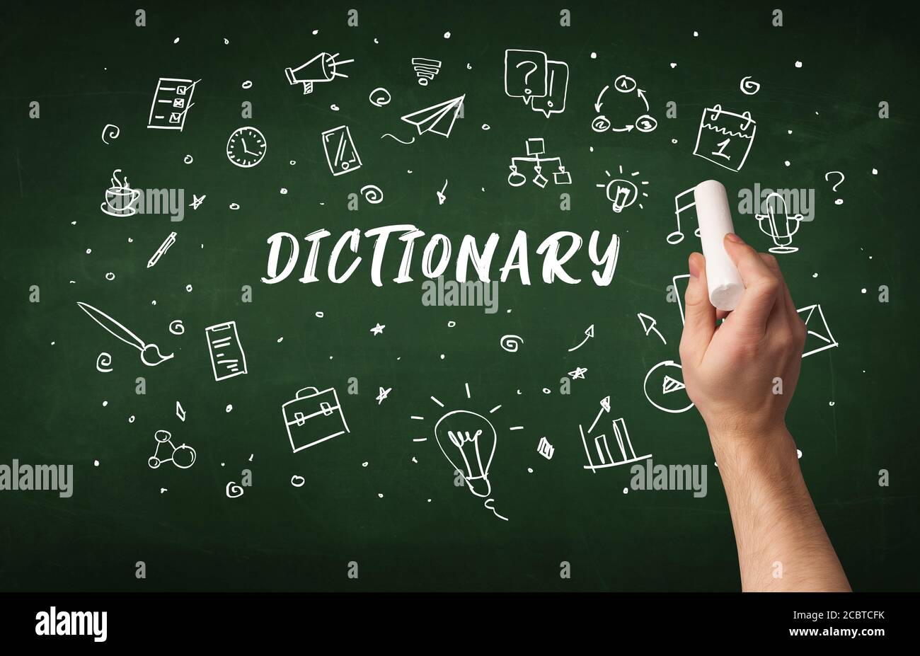 Hand drawing DICTIONARY inscription with white chalk on blackboard ...