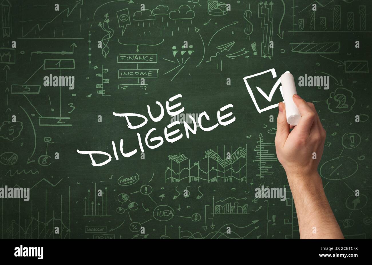 Hand drawing DUE DILIGENCE inscription with white chalk on blackboard ...